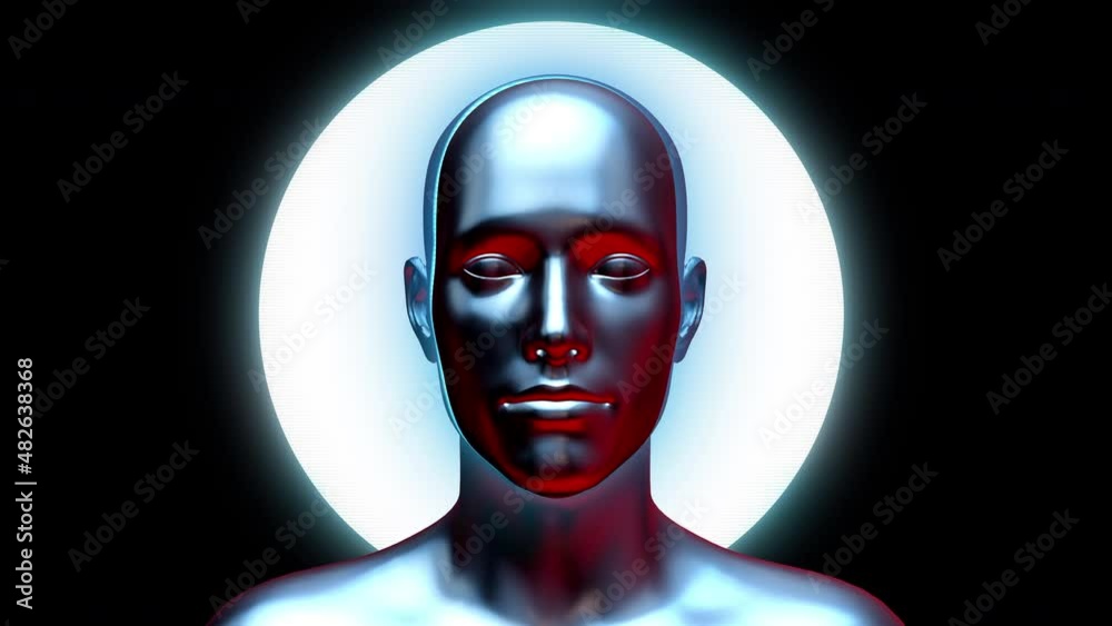Abstract chrome metal human body with moving face on black background ...