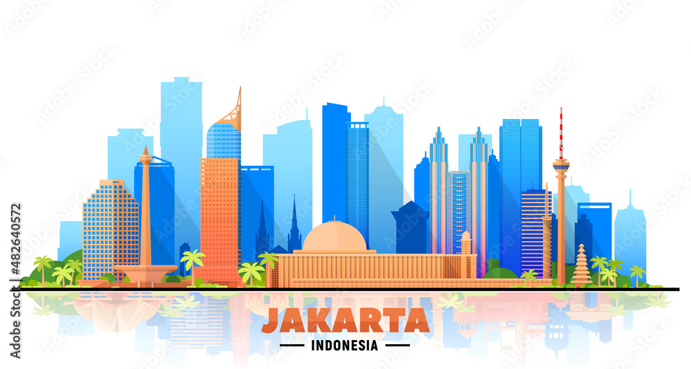 Jakarta (Indonesia) city skyline on a white background. Flat vector ...