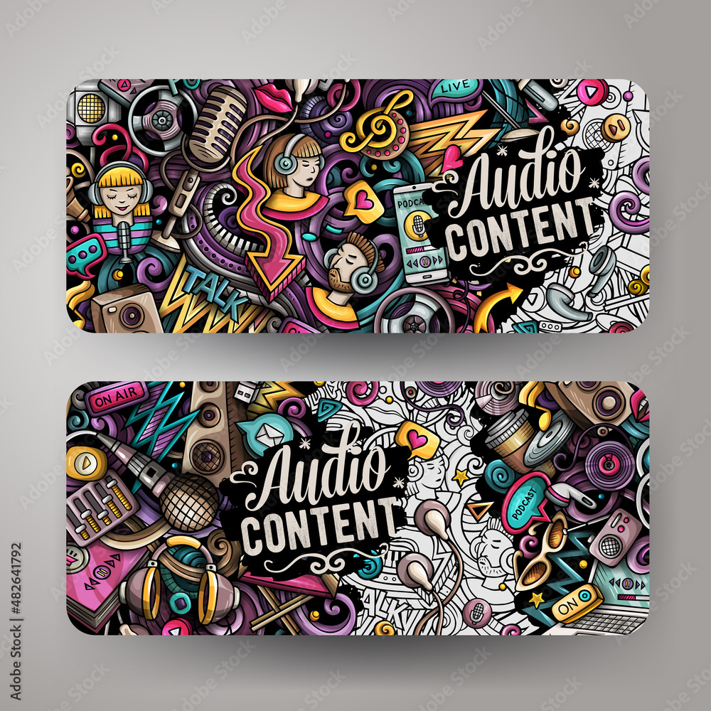 Cartoon vector doodle set of Audio Content banners Stock Vector | Adobe ...
