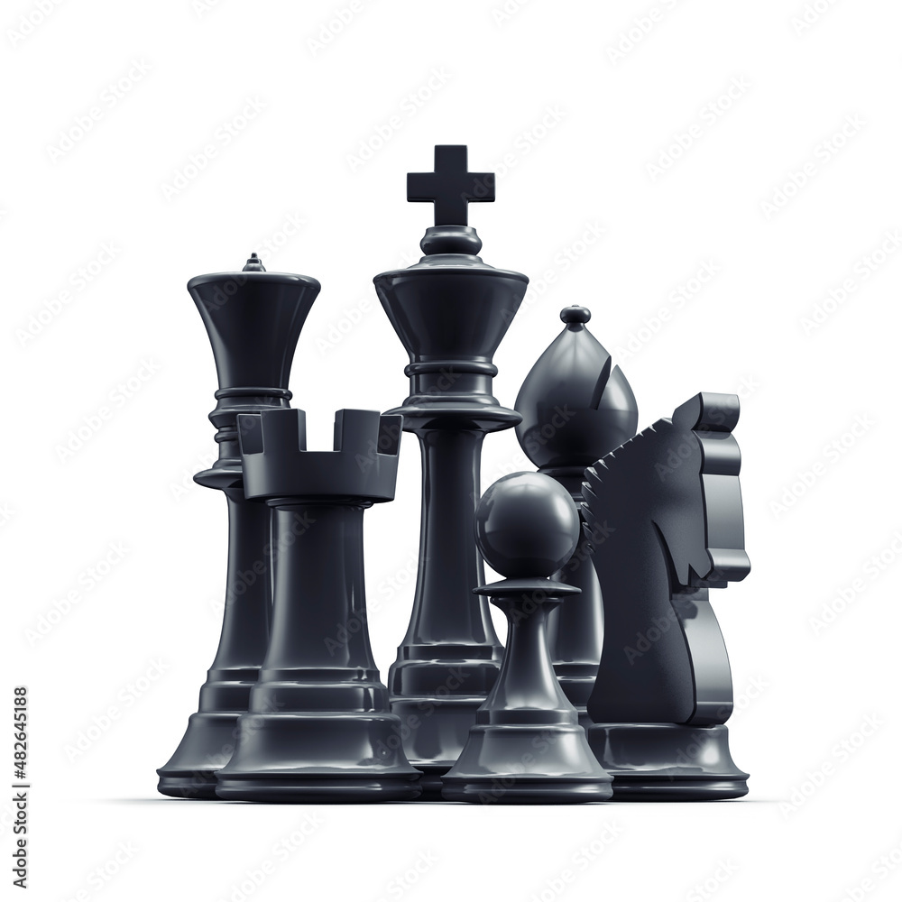 Chess set group - 3D illustration of king, queen, rook, pawn, bishop ...