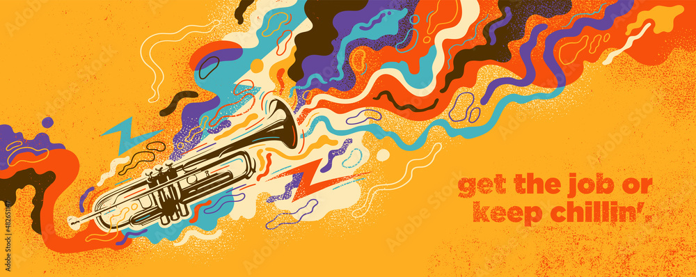 Abstract background design with trumpet and colorful splashes. Vector ...