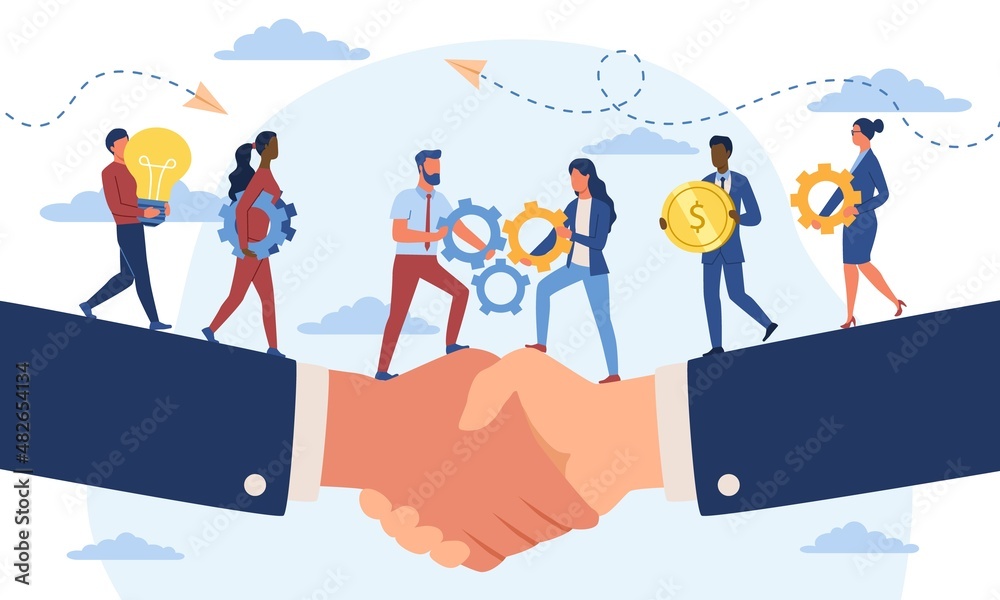 Business cooperation concept. Male and female entrepreneurs shake hands ...