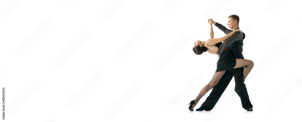 Horizontal flyer with flexible young dancers dancing Argentine tango ...