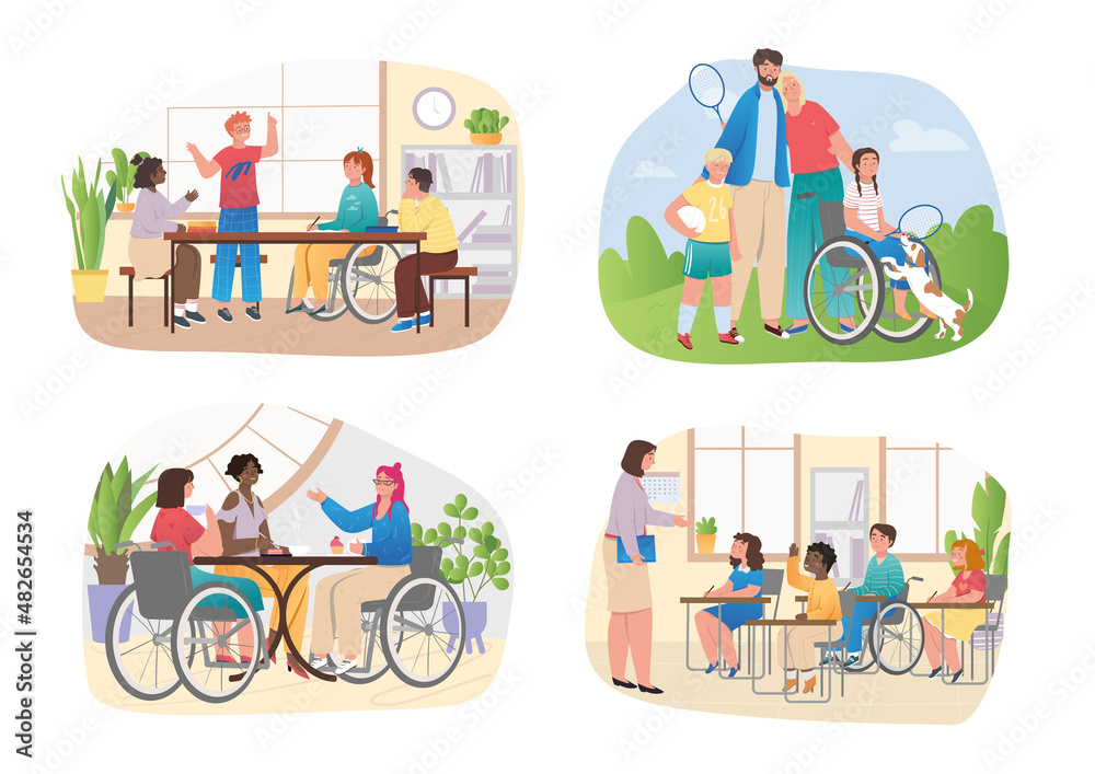 Set of people with disabilities in public place. Society with ...