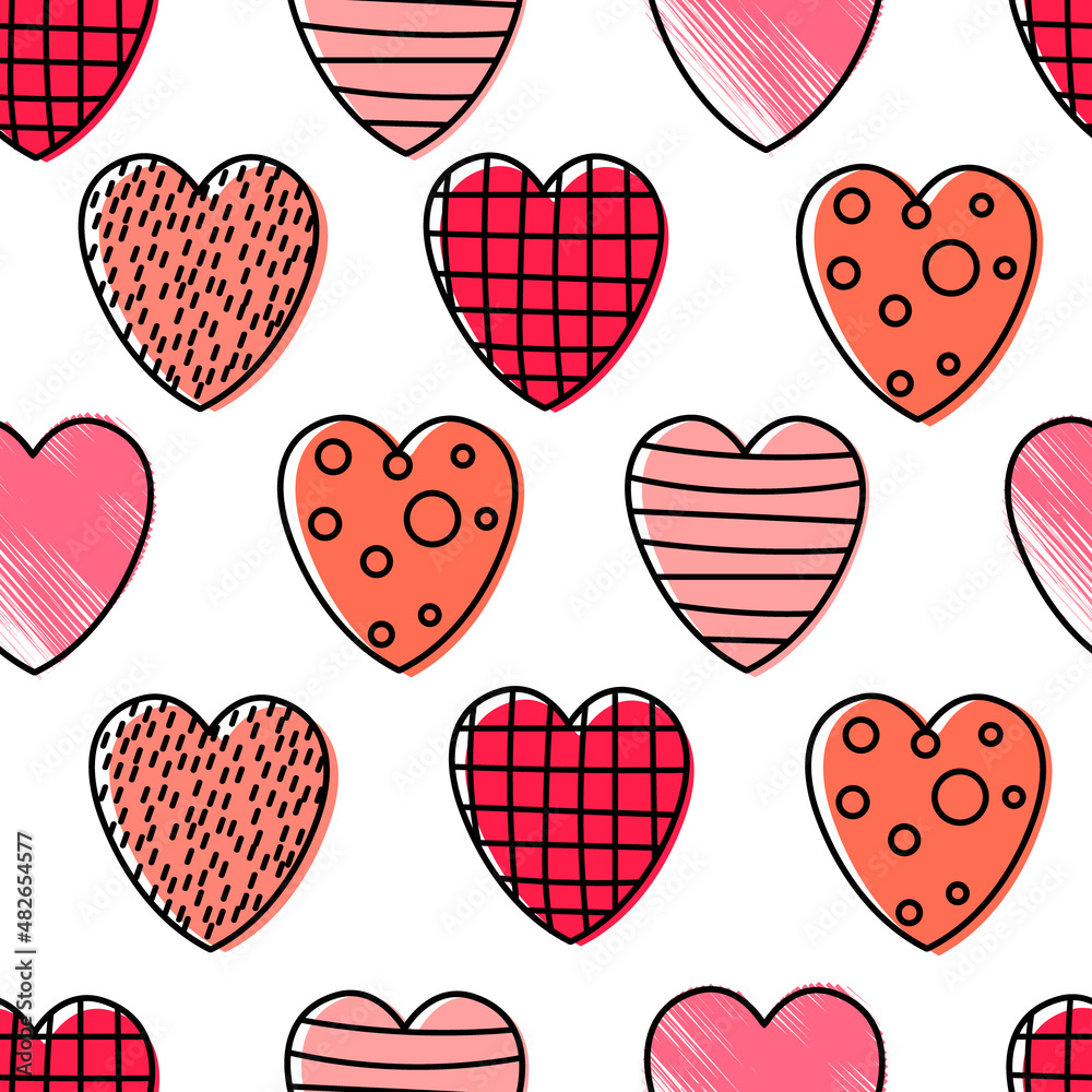 Vector seamless background with simple hearts. Contours of hearts with ...