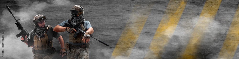 Photo format 4x1 - two military mercenaries against the background of ...