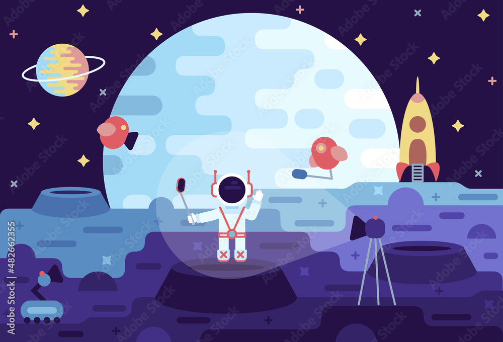 Astronaut filming his blog on the moon. Vector cartoon illustration ...