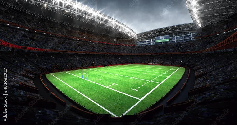 Rugby stadium with goal posts from fans view. Grassy playground and fan ...