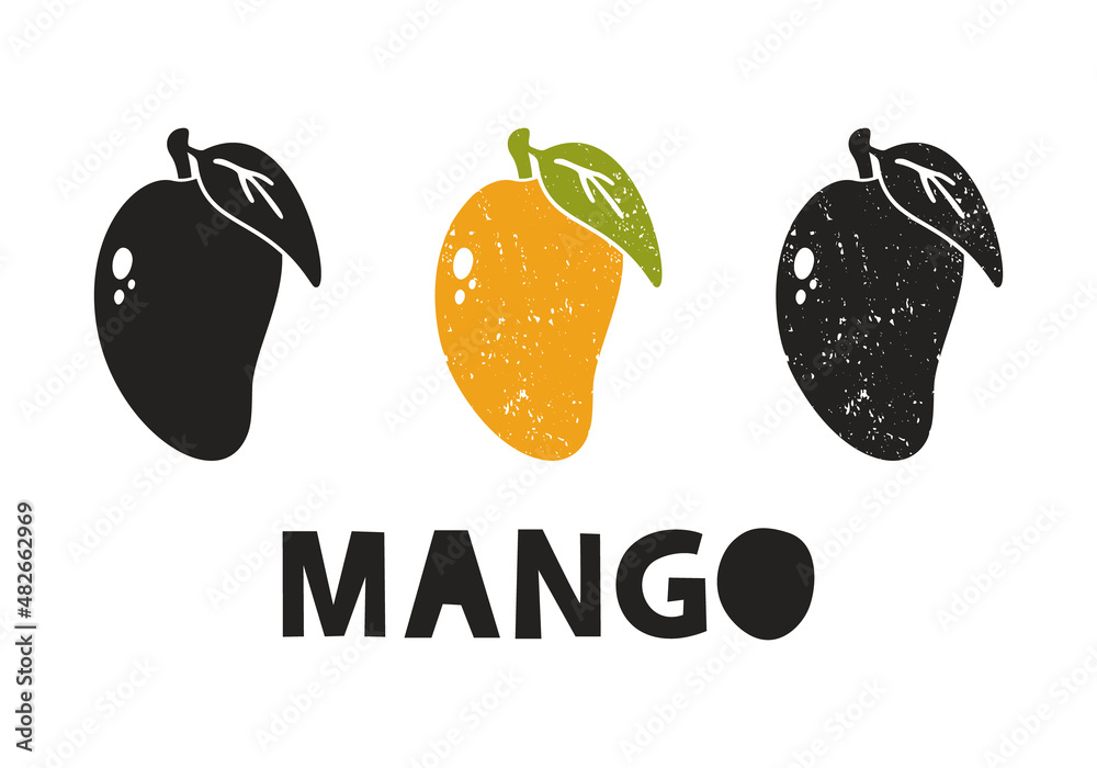 Mango, silhouette icons set with lettering. Imitation of stamp, print ...
