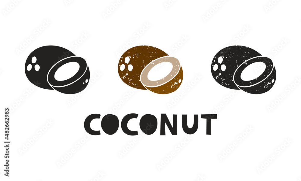Coconut, silhouette icons set with lettering. Imitation of stamp, print ...