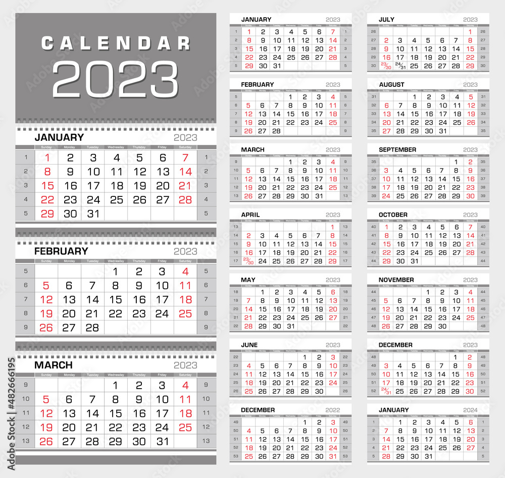 Calendar 2023. Wall quarterly calendar with week numbers. Week start ...