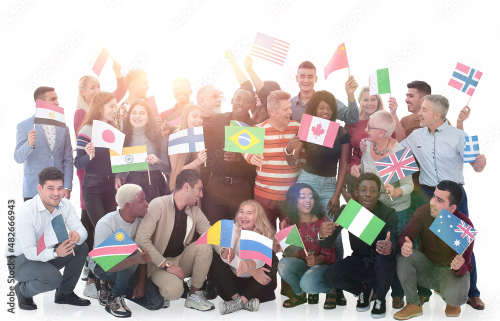Group of diverse people standing with flags different countries Stock ...