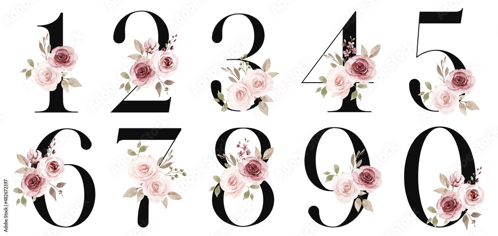 Numbers set with watercolor flowers roses hand painting. Perfectly for ...