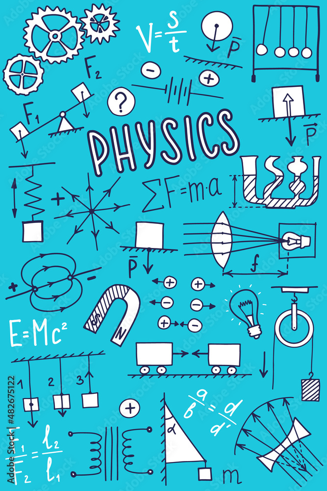 Phisics cover template. Science symbols icon set, subject doodle design ...