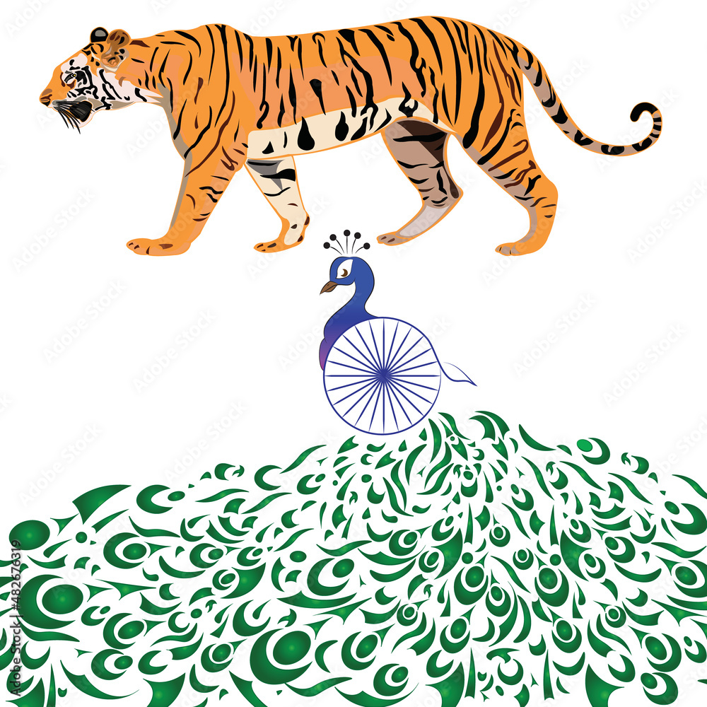 Indian Flag with National animal tiger and National bird peacock ...
