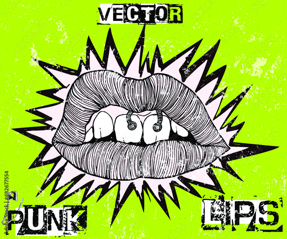 Vector Punk Lips. Hand drawn black lipstick angry lips with piercing ...