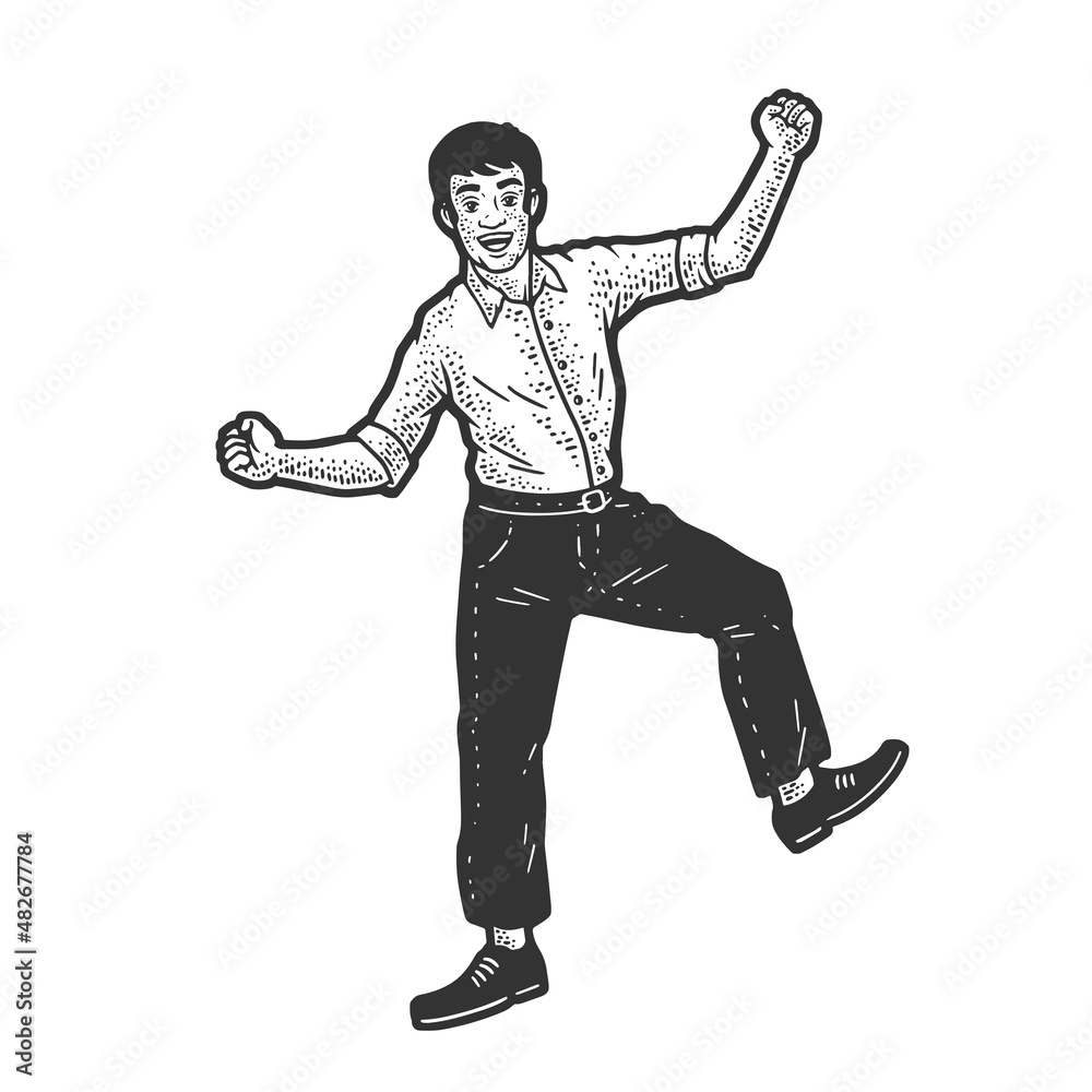 Happy jumping man sketch engraving vector illustration. T-shirt apparel ...