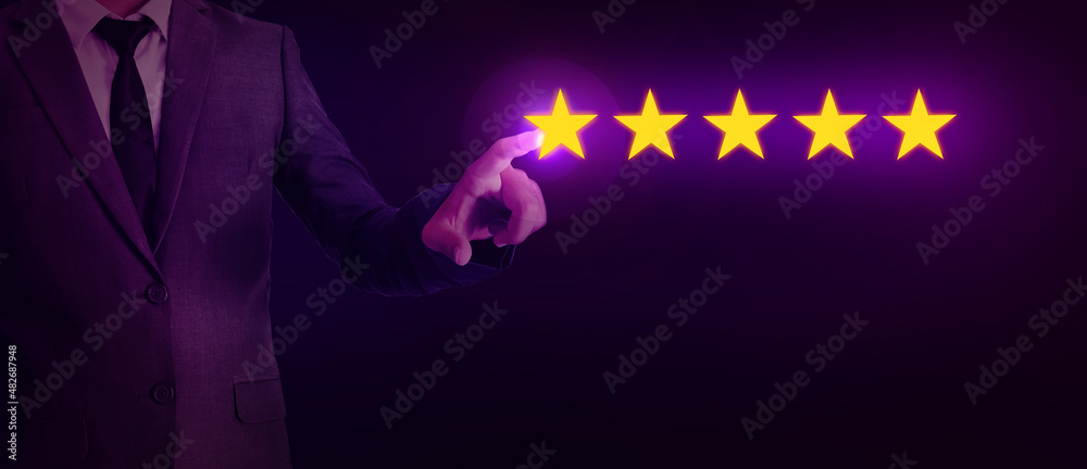 Business Man Touching the Five Star Rating on Screen with Glowing ...