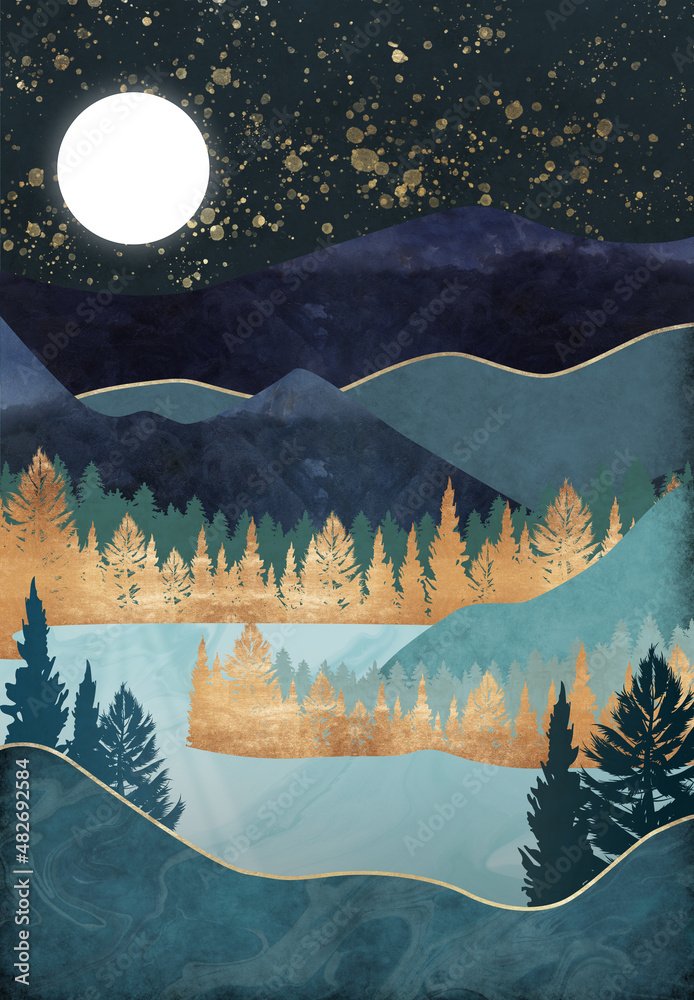 Gold texture mountain wallpaper design with landscape line arts, Golden ...