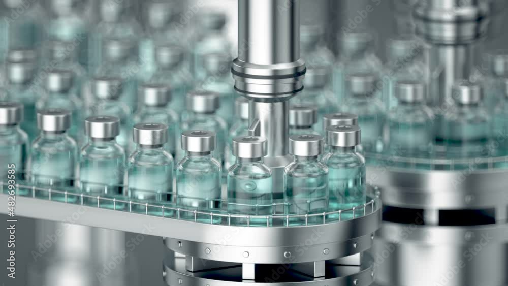 3d animation. Pharmaceutical manufacture with glass bottles with clear ...