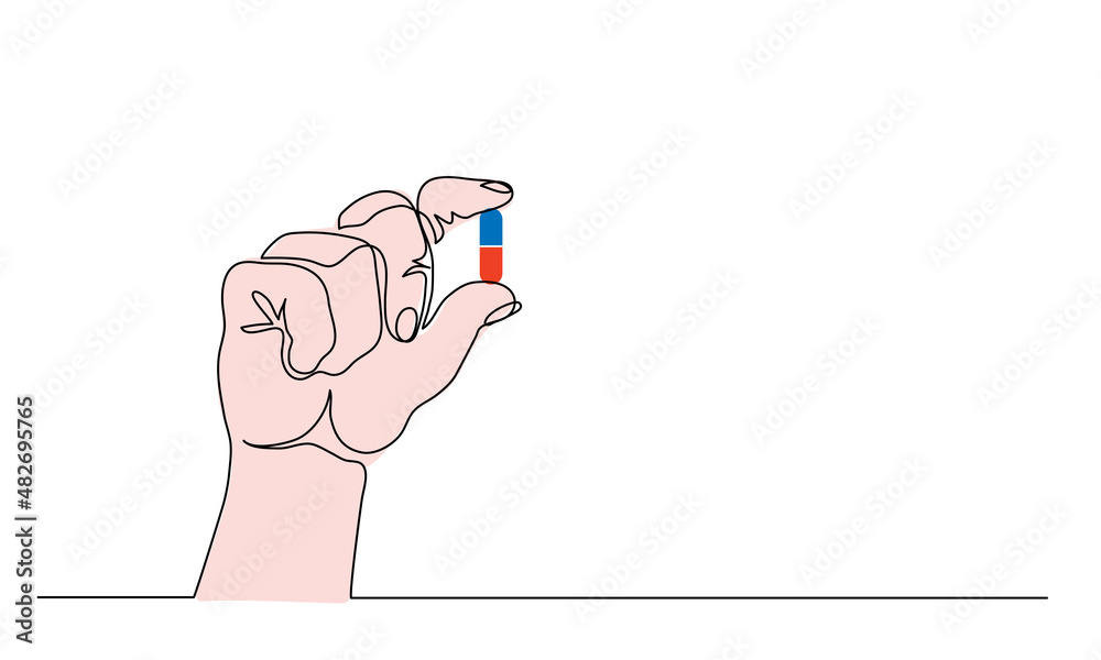 Hand holding pill, capsule, tablet. One continuous line art drawing ...