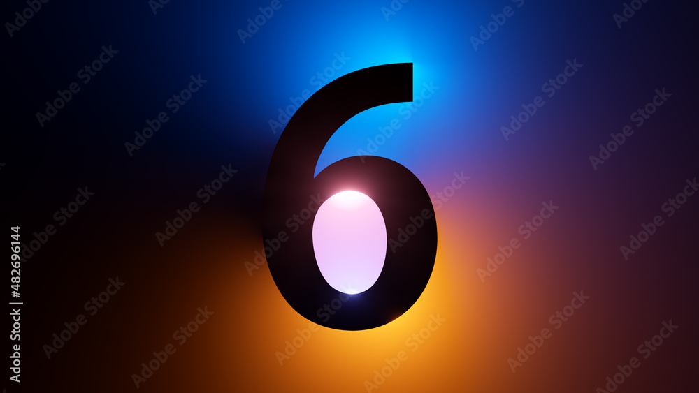 3d render, number six silhouette, digital math symbol, illuminated with ...