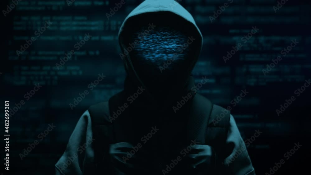 Computer hacker with hoodie and glitch face. Computer abstract digital code at the background ...