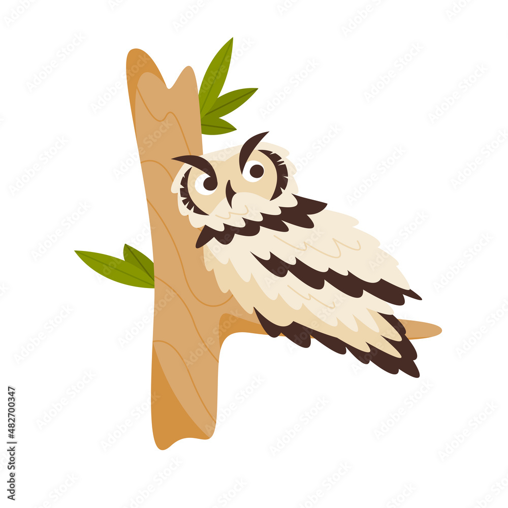 Eurasian eagle owl sitting at tree branch. Long eared owl design ...