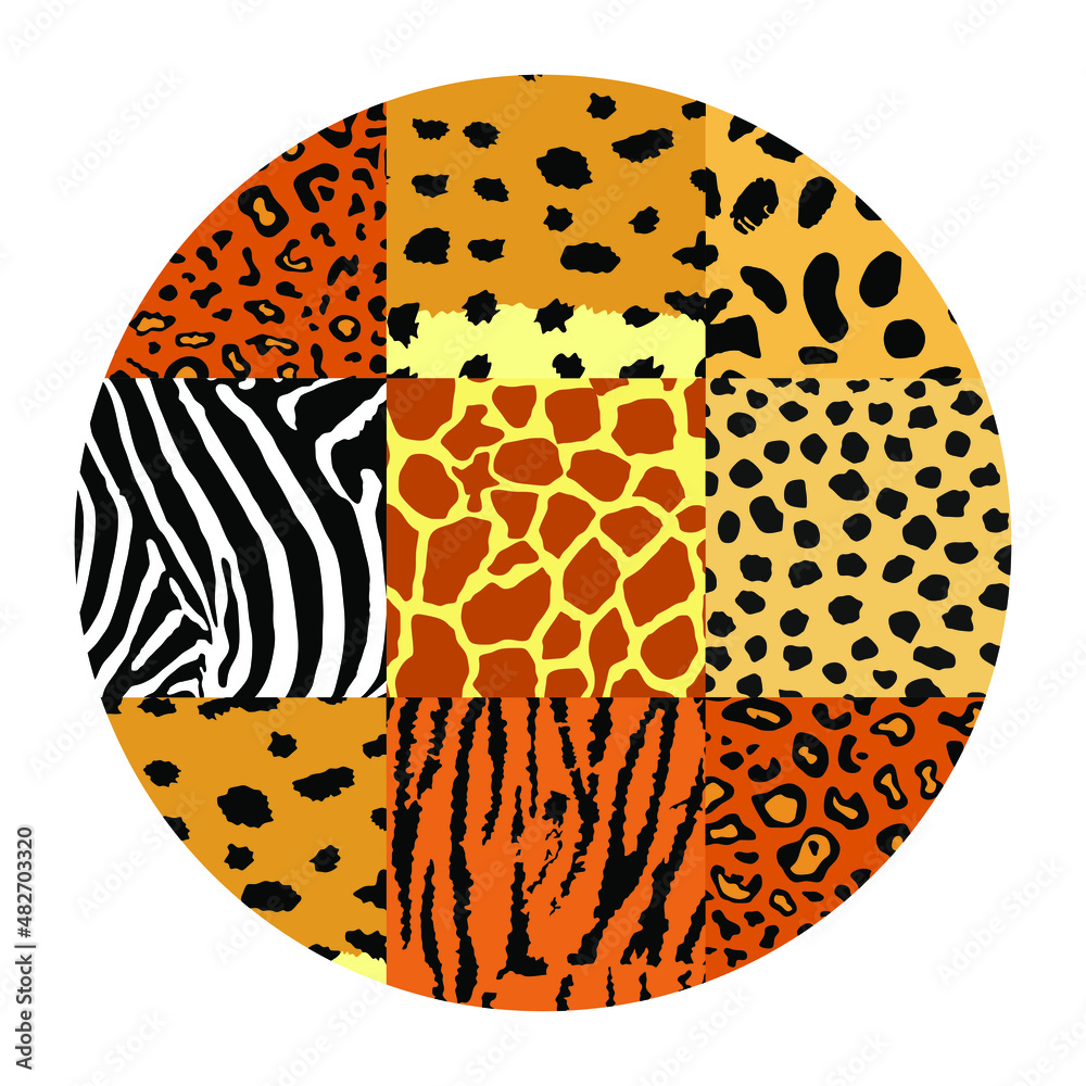 Circle animal print background with safari animals fur skin collection ...