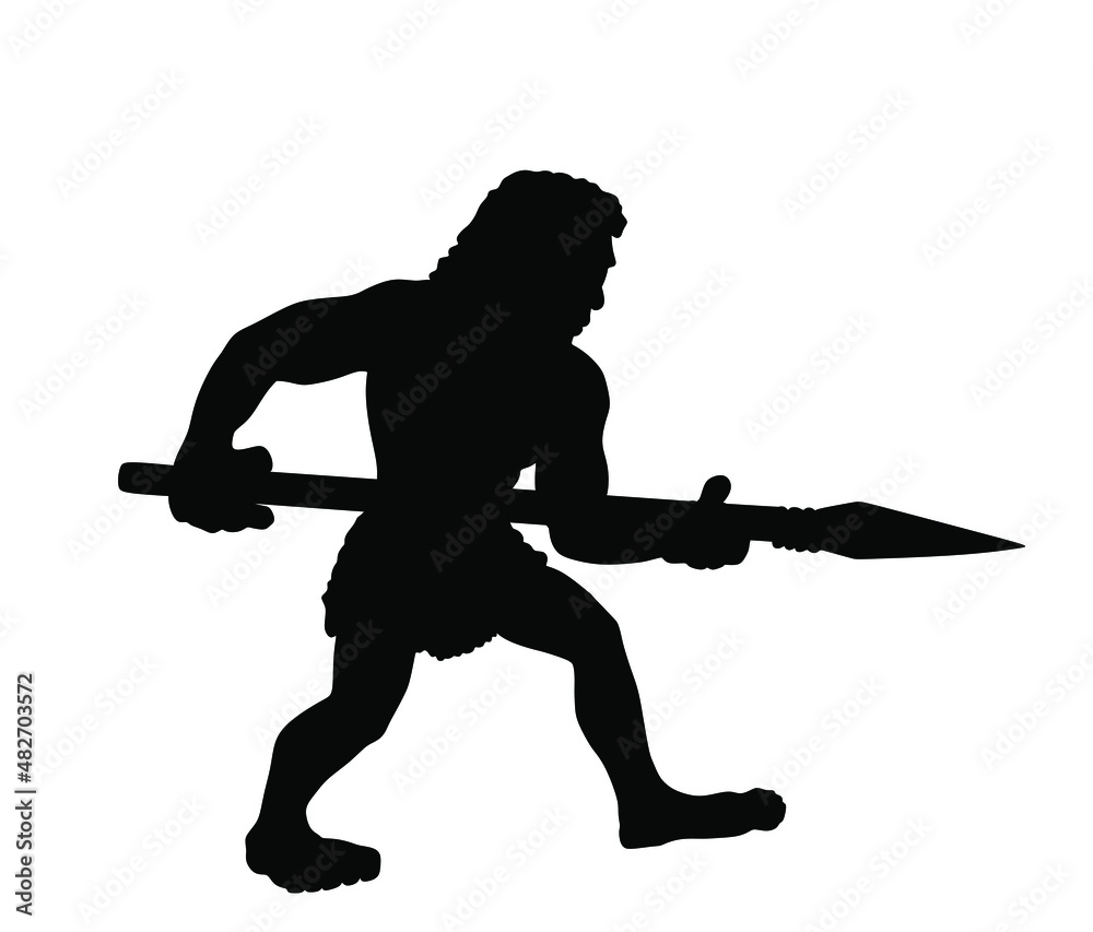 Caveman hunter hunting with spear vector silhouette illustration ...