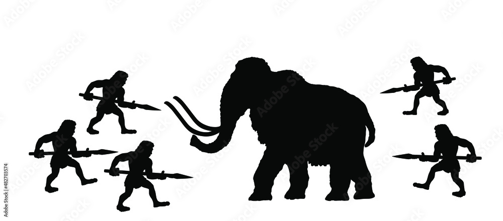 Caveman hunters hunting mammoth with spear vector silhouette ...