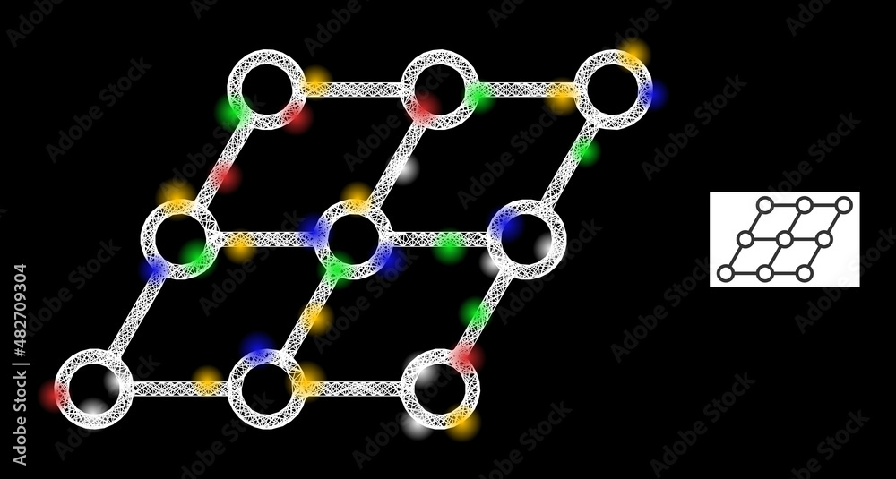 Bright hatched mesh skewed grid with colored flash nodes. Illuminated ...