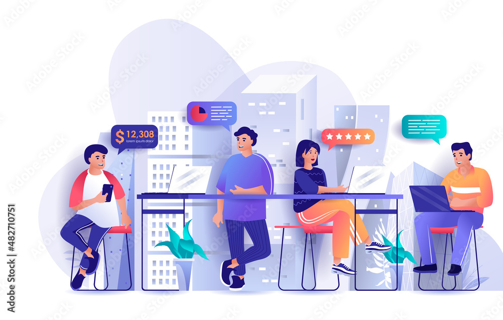 Open space office concept in flat design. Colleagues work in coworking ...