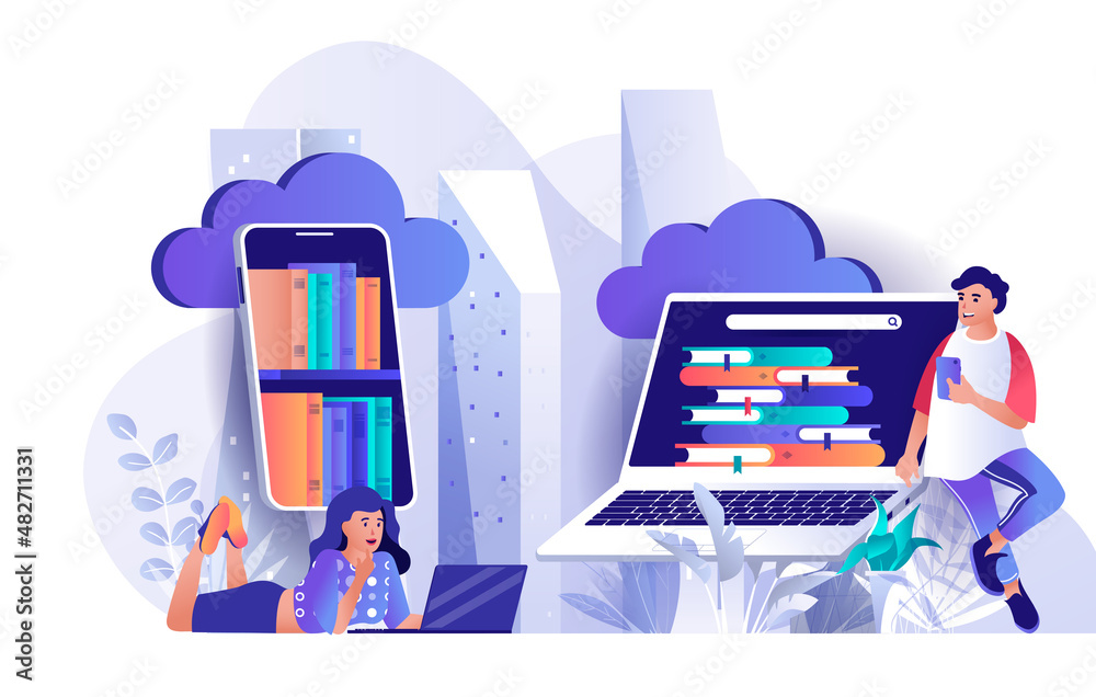 Cloud library concept in flat design. Online library and e-books scene ...