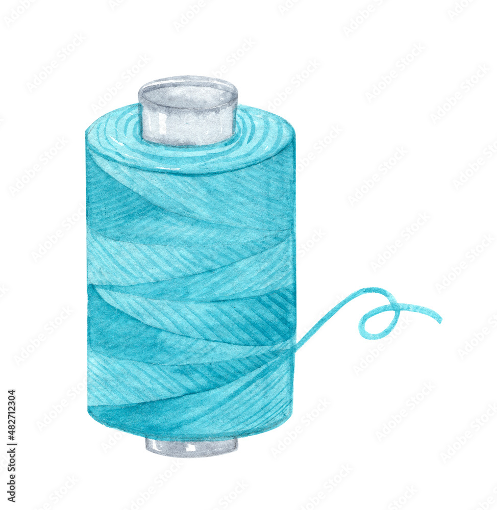 Watercolor blue sew string tool isolated on white. Sewing accessory ...