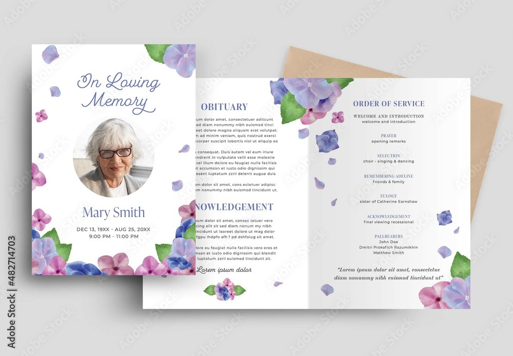 Purple Watercolor Floral Flowers Funeral Program Obituary Memorial ...