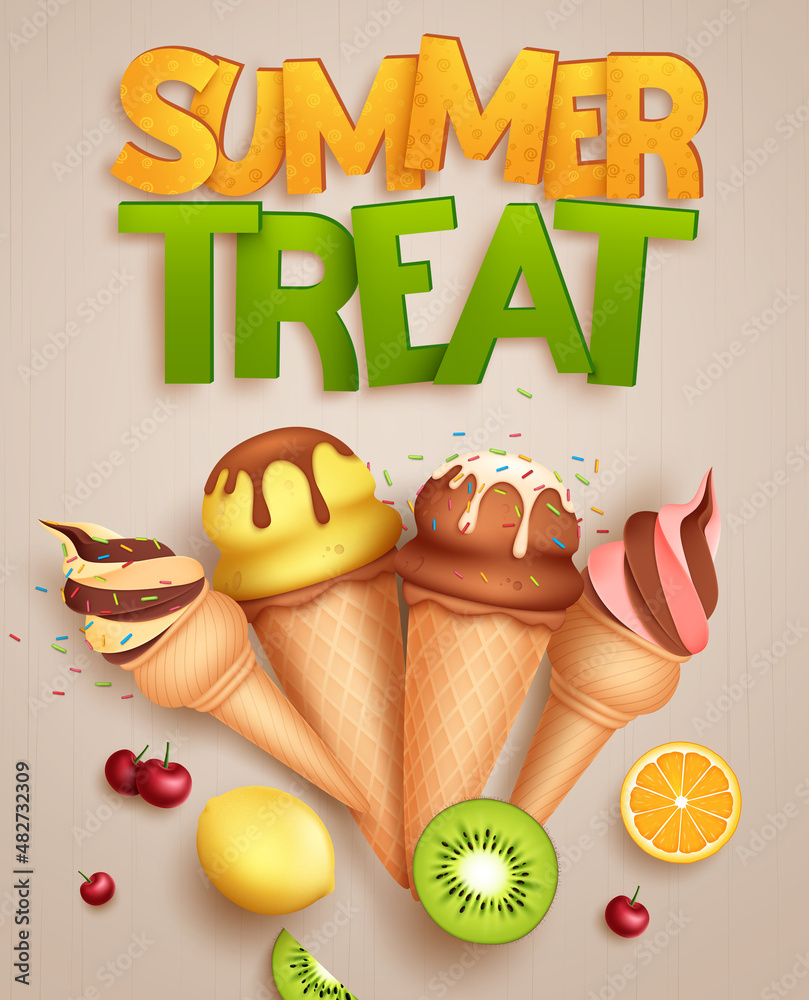 Summer ice cream vector design. Summer treat 3d text with ice cream ...