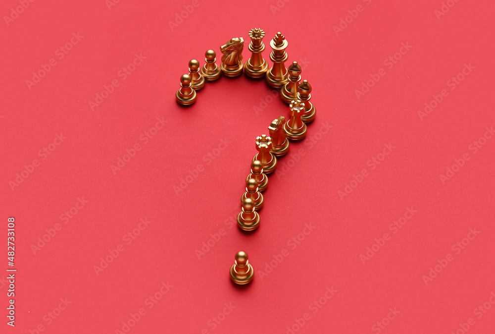 Question mark made of golden chess pieces on color background Stock ...