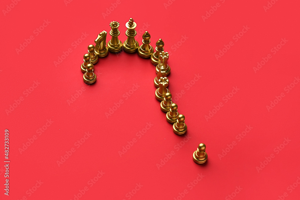 Question mark made of golden chess pieces on color background Stock ...