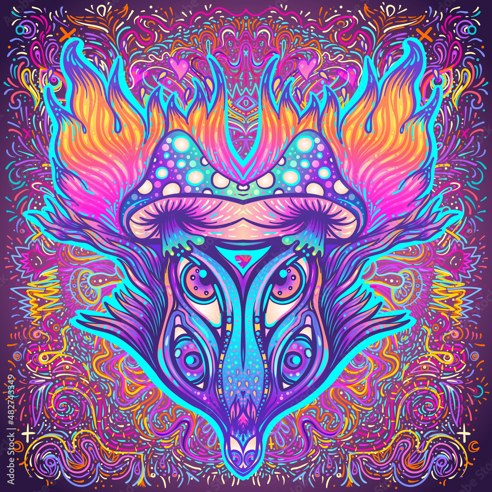 Vecteur Stock Magic mushrooms. Psychedelic hallucination. Vibrant vector illustration. 60s ...