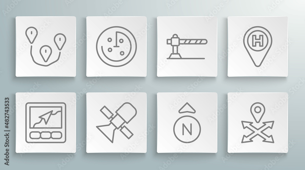 Set line Gps device with map, Radar targets on monitor, Satellite ...