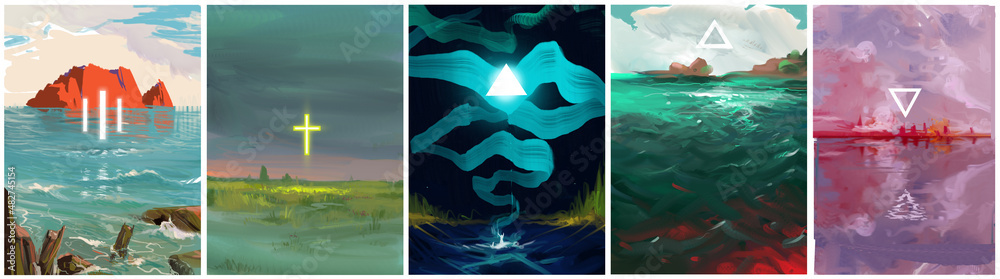 Colorful nature and symbols art set. Digital illustration. Minimalistic ...