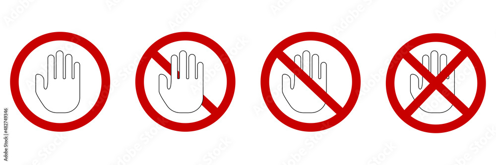 No hand icons. Stop touch. Outline symbol. Red circle. Prohibited ...