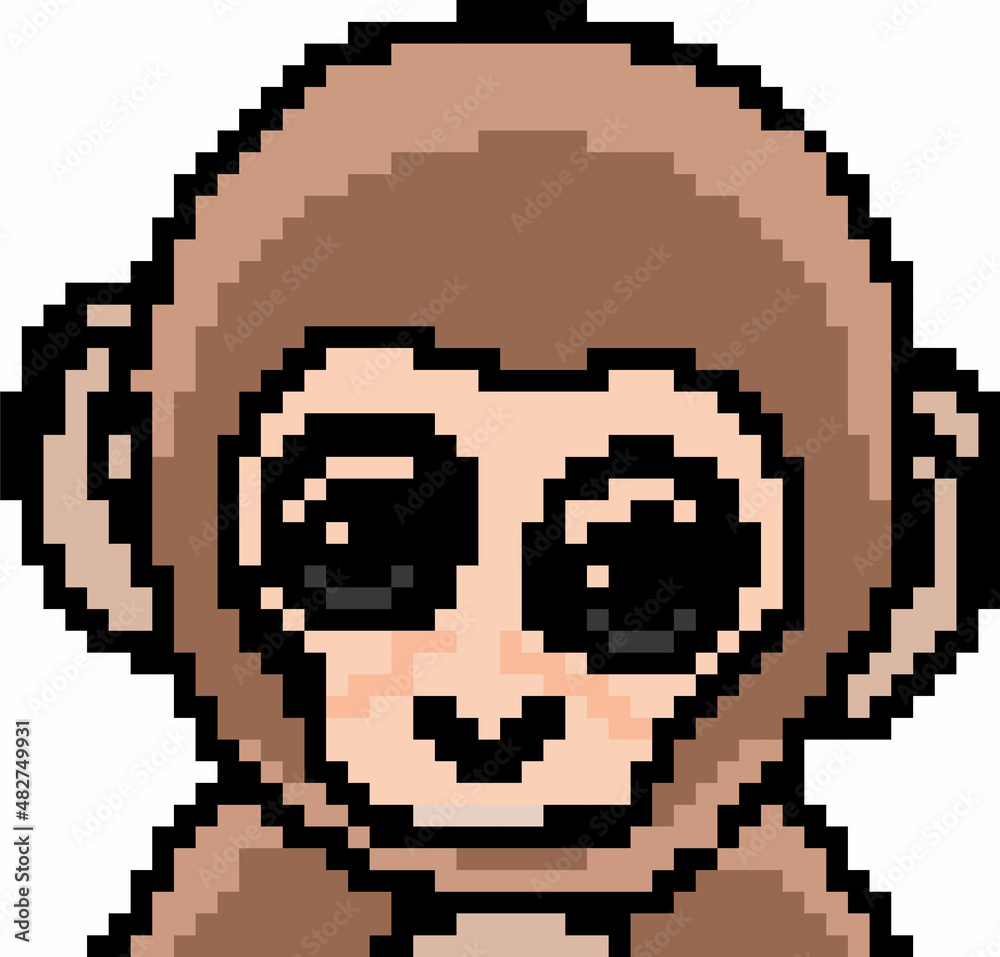Pixel art concept of a cute baby monkey's face with a charming brown ...