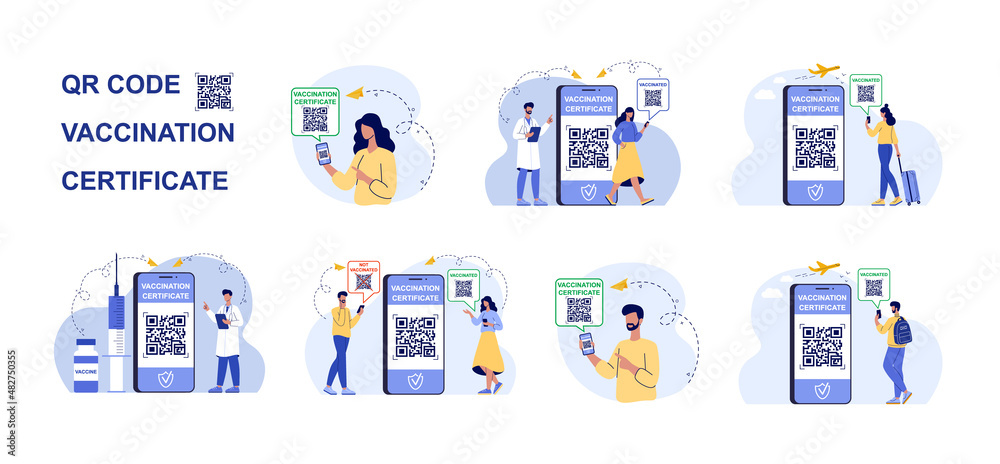 Certificate of vaccination set vector flat illustrations. Man and woman ...