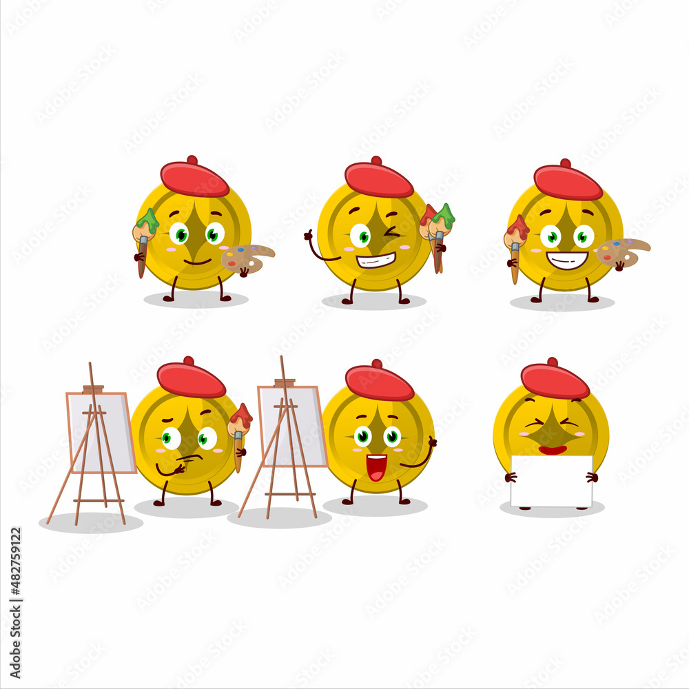 Artistic Artist of gold coin cartoon character painting with a brush ...