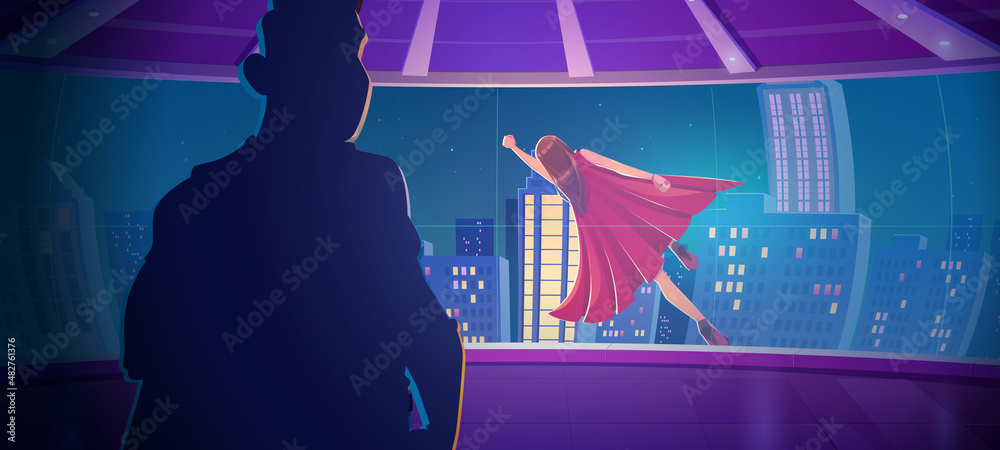 Superhero woman flies above city street outside panoramic window ...