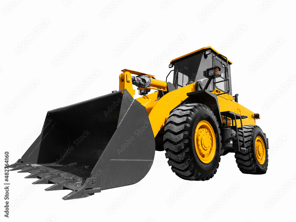 Yellow front loader on a white background. Backhoe loader yellow on a ...
