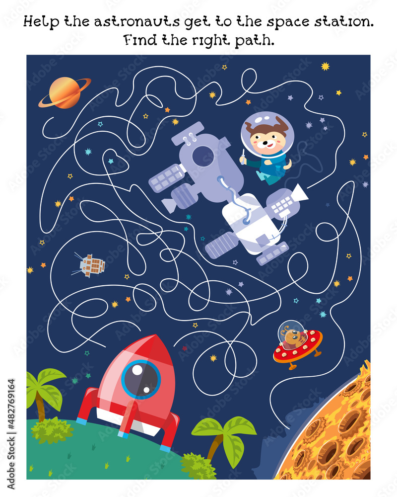 Help the astronauts get to the space station. Find the right way. Maze ...