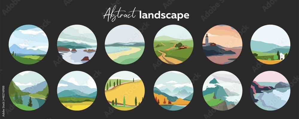Set of decorative abstract landscapes in the shape of circle ...